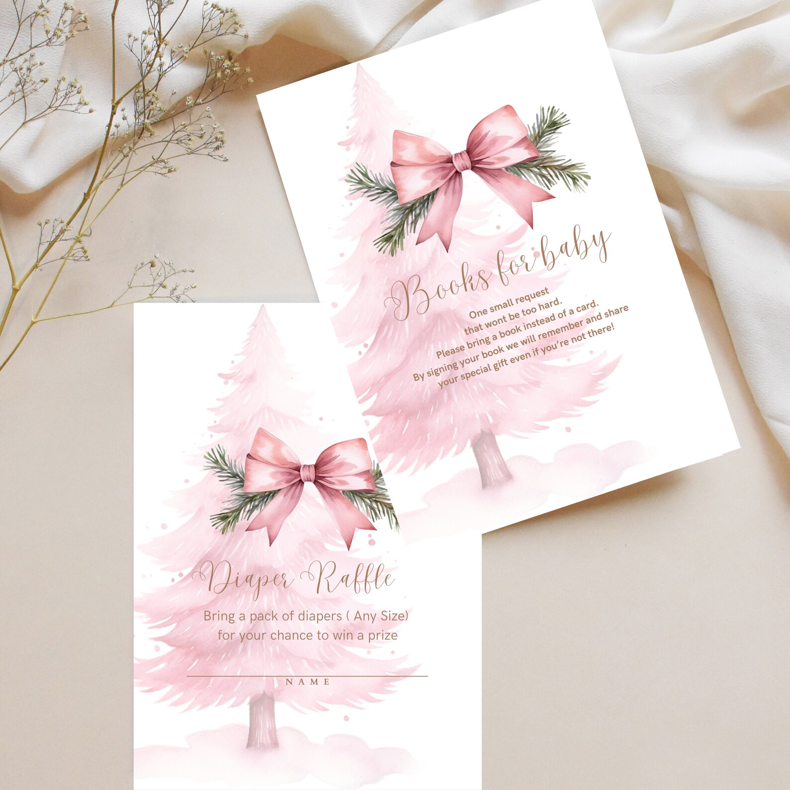 Pink Christmas Tree Baby Shower Invitation Bundle, Winter Girl Baby ...