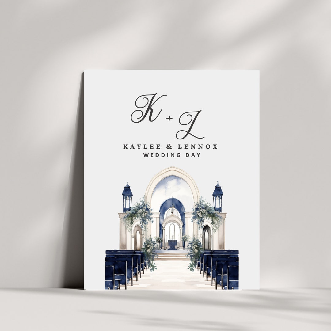 Editable Navy Blue Church Wedding Welcome Sign Template - Elegant ...
