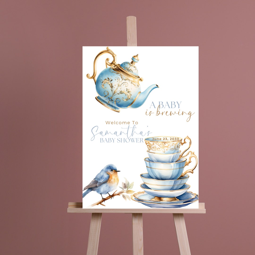 Customizable Baby Shower Tea Welcome Sign Template, Blue and Gold Tea ...