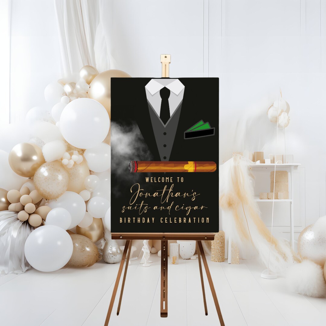 Editable Suits and Cigars Welcome Sign Template for Men's Birthday ...