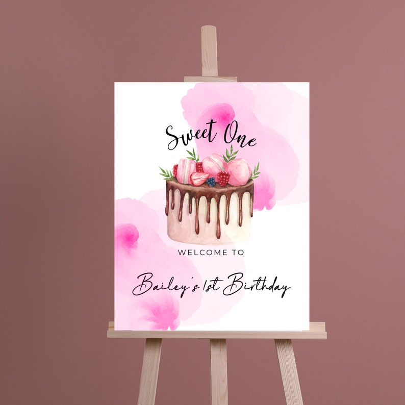 Sweet One Birthday Cake Welcome Sign, 1st Birthday Party Signs, Pink ...