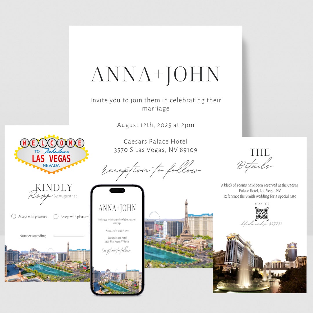 Vegas Wedding Invitation Template Set, Editable Las Vegas Wedding ...
