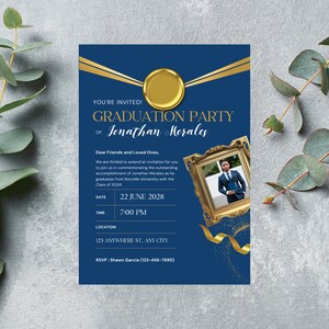 Class of 2024 Blue and Gold Graduation Party Invitation - Customizable ...