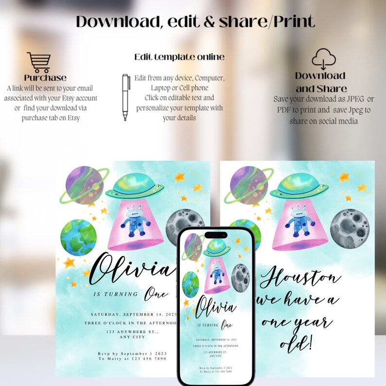 Space Alien Birthday Invitation Template Turquoise Galaxy - Etsy