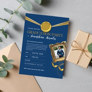 Class of 2024 Blue and Gold Graduation Party Invitation - Customizable ...