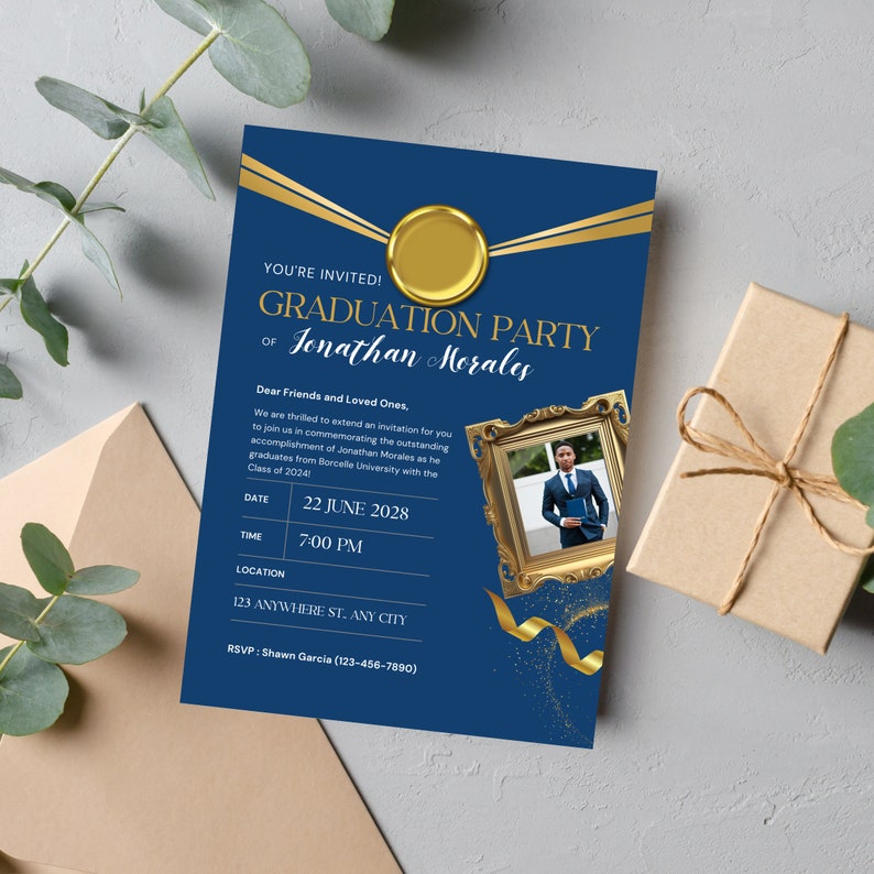 Class of 2024 Blue and Gold Graduation Party Invitation - Customizable ...