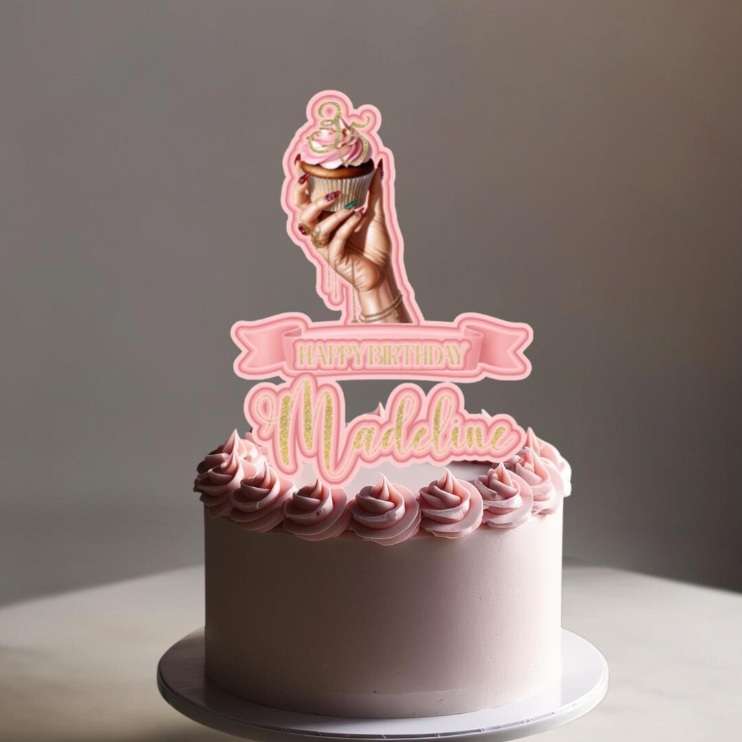 3D Glam Birthday Cake Topper With Rhinestone Nails & Cupcake, Gold ...