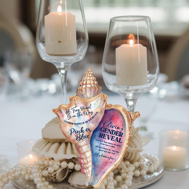 Seashell Gender Reveal Invitation Pink Blue Nautical Baby Shower Card ...