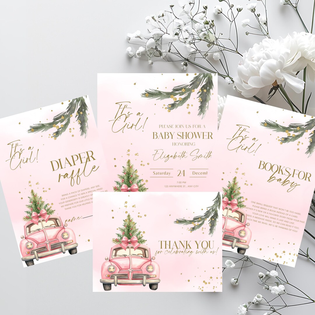 Editable Pink Christmas Car Baby Shower Invitation Suite | Pink Holiday ...