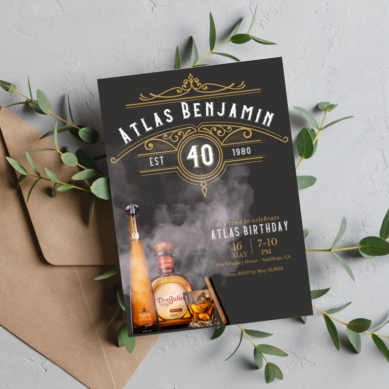 Editable Whiskey & Cigar Birthday Invitation Template | Printable Any ...