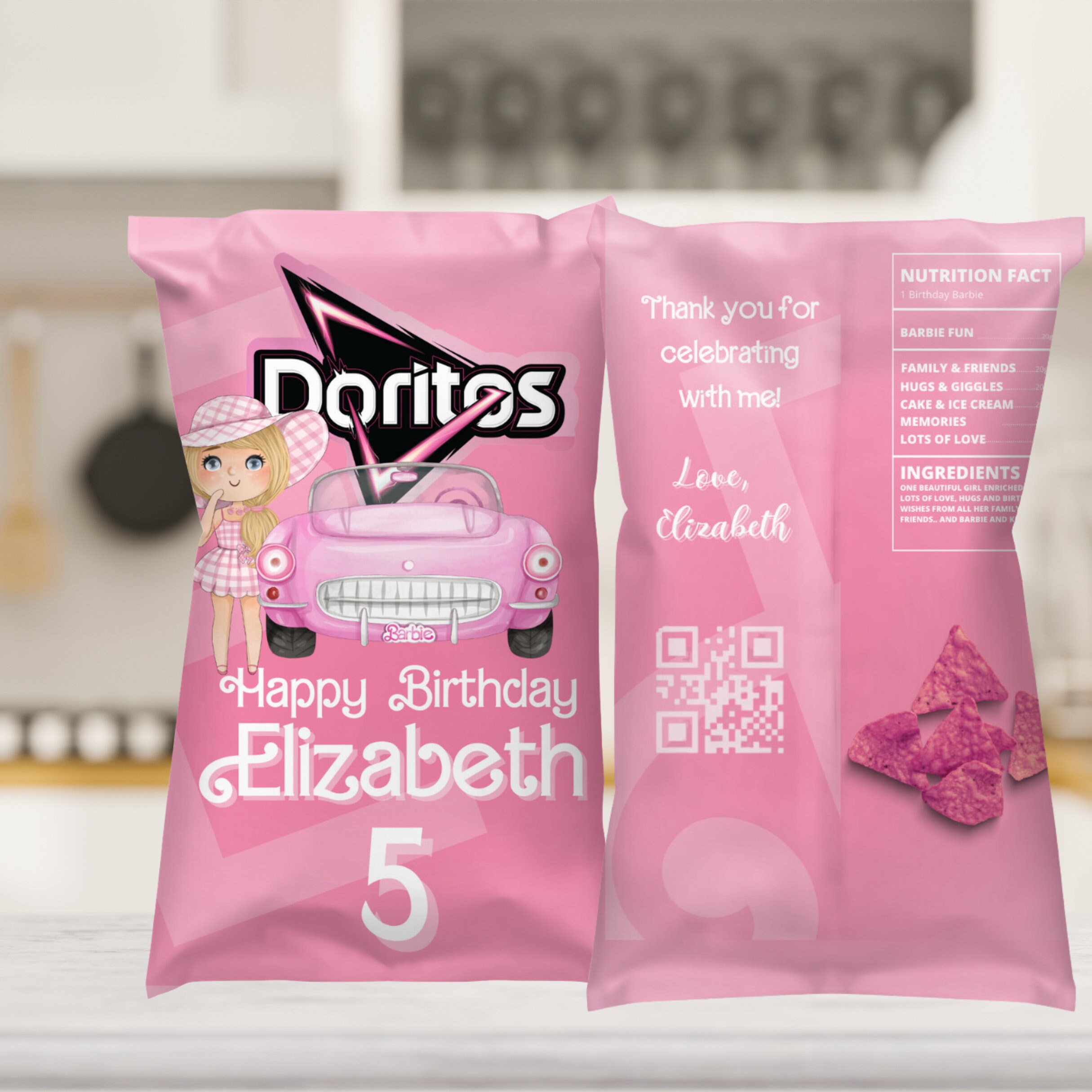 Pink Doll Theme Birthday Chip Bag Template, Editable Fashion Doll Party ...