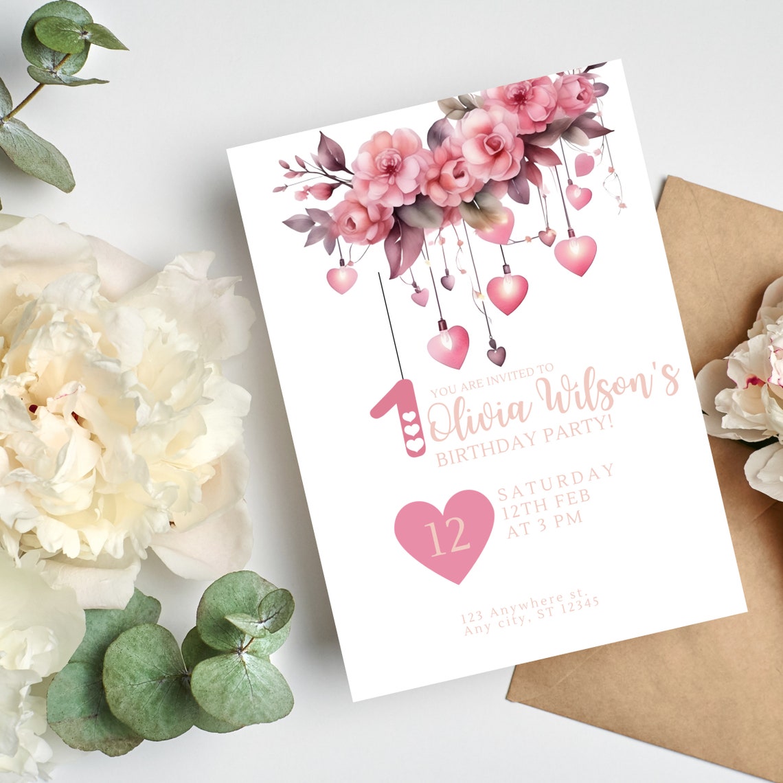 Floral Heart Birthday Invitation Template Fairy Lights Party - Etsy