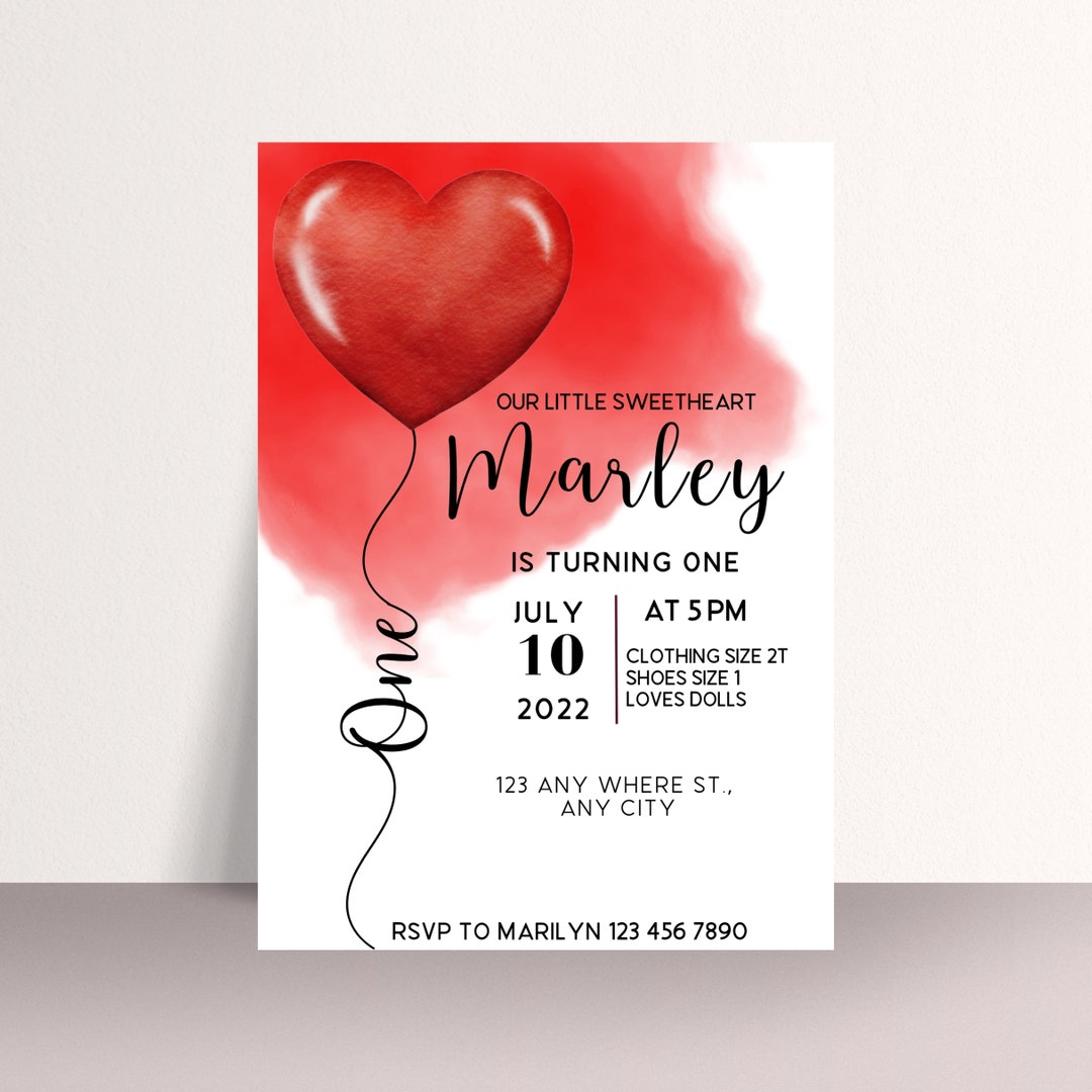 Valentine Red Heart Birthday Invitation, First Birthday Invite ...