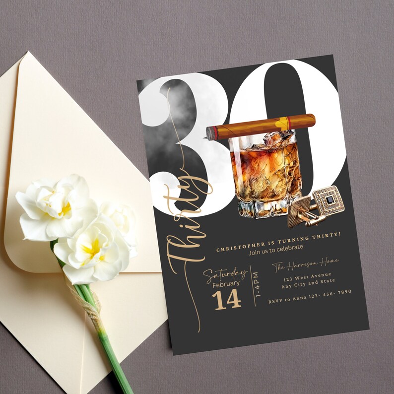 Customizable Black & Gold Whiskey and Cigars Party Invitation Template ...