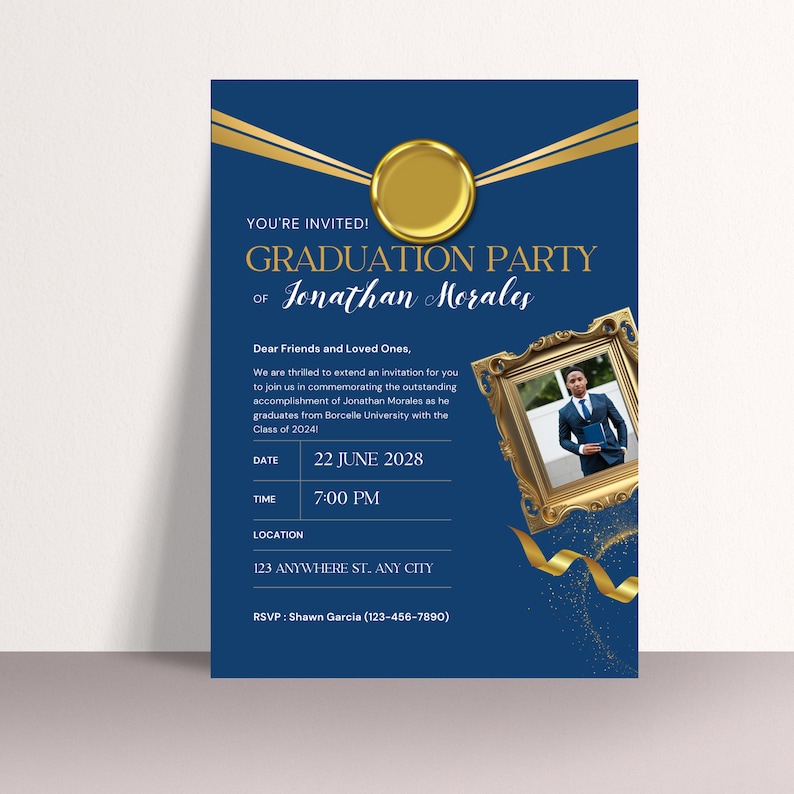 Class of 2024 Blue and Gold Graduation Party Invitation Customizable ...