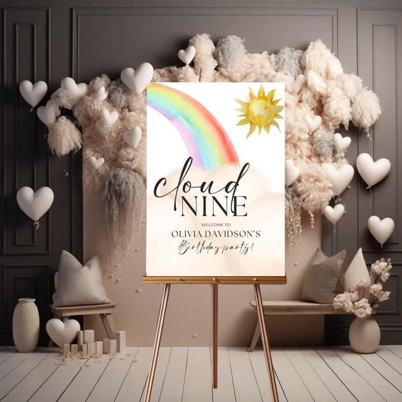 Rainbow Clouds Birthday Welcome Sign Template | Customizable for Any ...