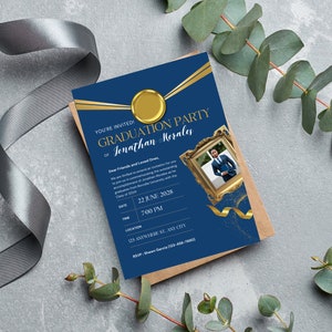 Class of 2024 Blue and Gold Graduation Party Invitation - Customizable ...