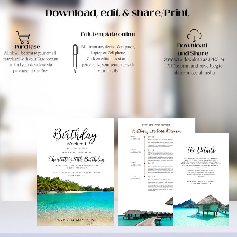 Bora Bora Birthday Invitation Template Suite French Polynesia - Etsy