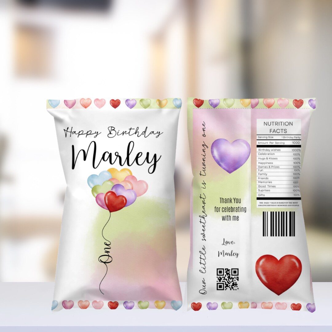 Rainbow Heart Balloons Birthday Chip Bag, First Birthday Party Favor ...