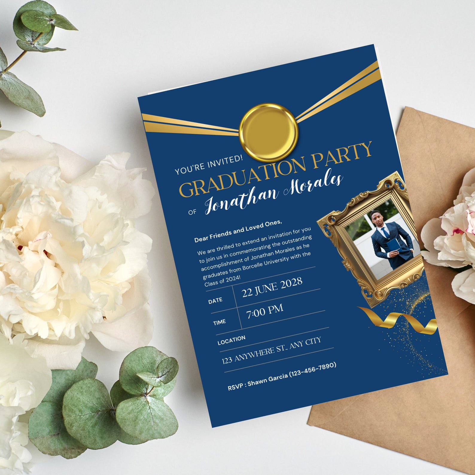 Class of 2024 Blue and Gold Graduation Party Invitation - Customizable ...