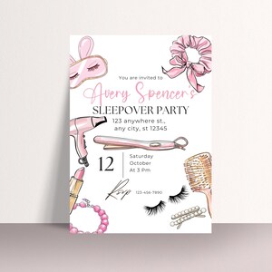 Pink Girls Sleepover Party Invitation | Editable Slumber Party Invite ...
