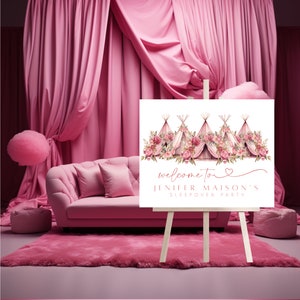 Editable Sleepover Tent Party Welcome Sign - Pink Tee-pee Tent Slumber ...