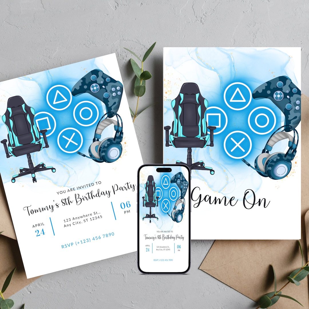 Video Game Blue Birthday Invitation Template, Gaming Party Invitation ...