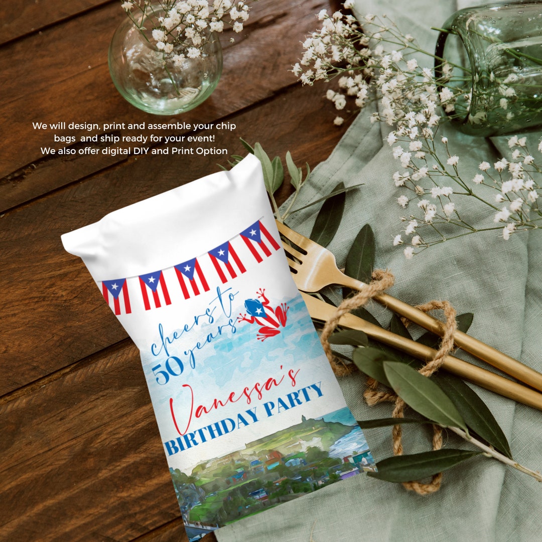 Custom Puerto Rico Chip Bag Party Favors | Skyline Birthday Table Decor ...