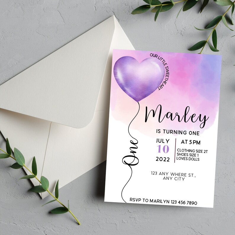 Valentine Purple Heart Birthday Invitation, First Birthday Invite ...