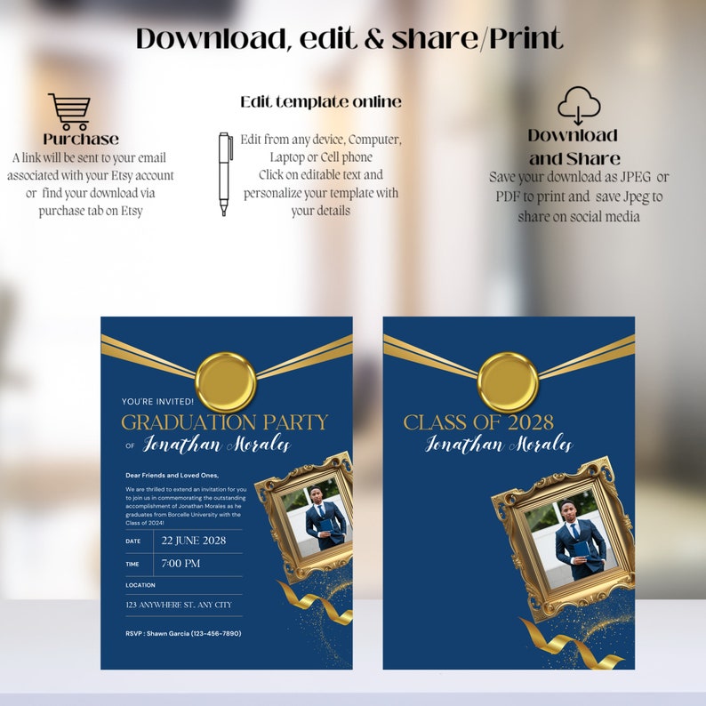 Class of 2024 Blue and Gold Graduation Party Invitation Customizable ...