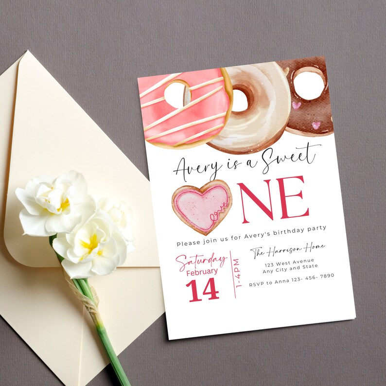 Sweet Pink Donut Birthday Invitation Template - Editable Party Invite ...