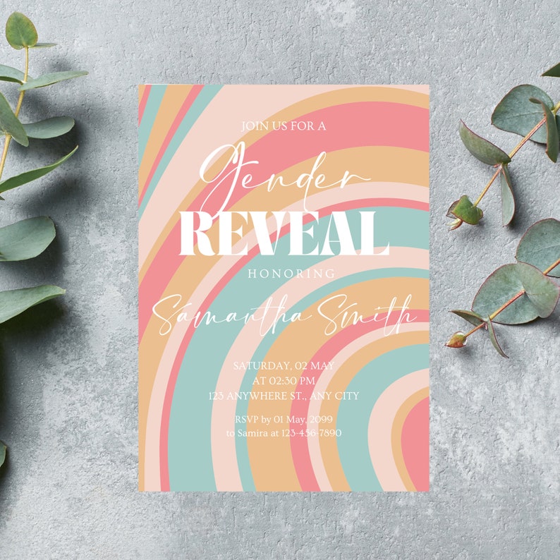 Groovy 70's Gender Reveal Invitation - Editable Template, Retro Funky ...