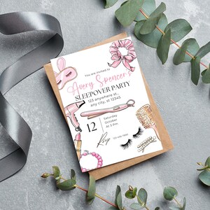 Pink Girls Sleepover Party Invitation | Editable Slumber Party Invite ...