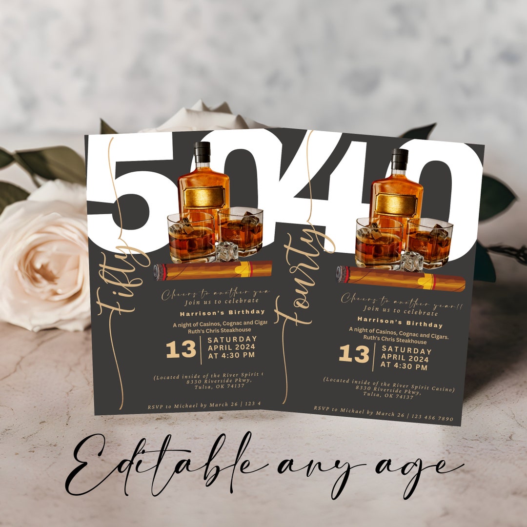 Editable Whiskey And Cigar Birthday Invitation Any Age Mens Invite