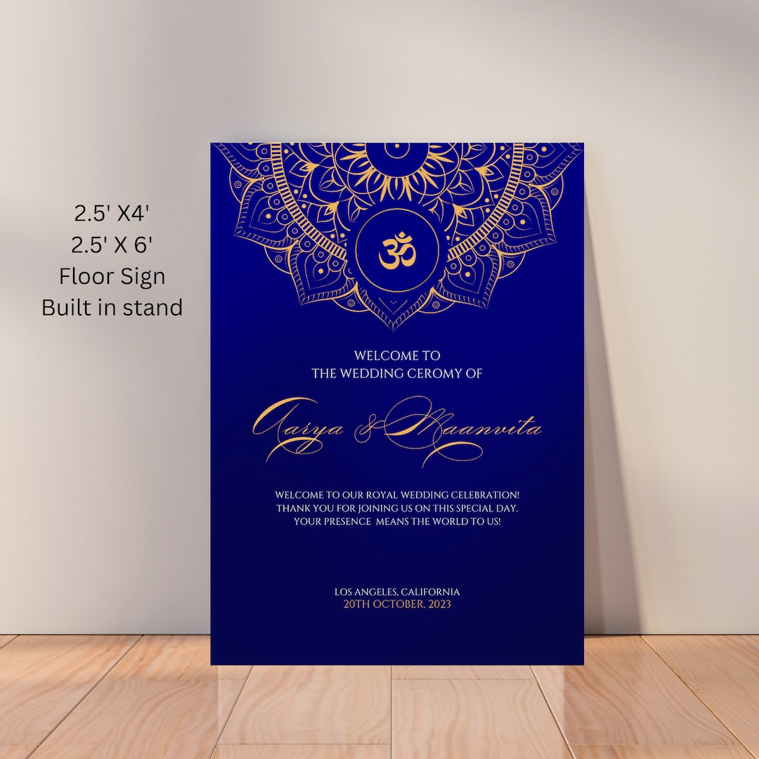 Editable Blue and Gold Indian Royal Wedding Floor Sign Elegant Indian ...