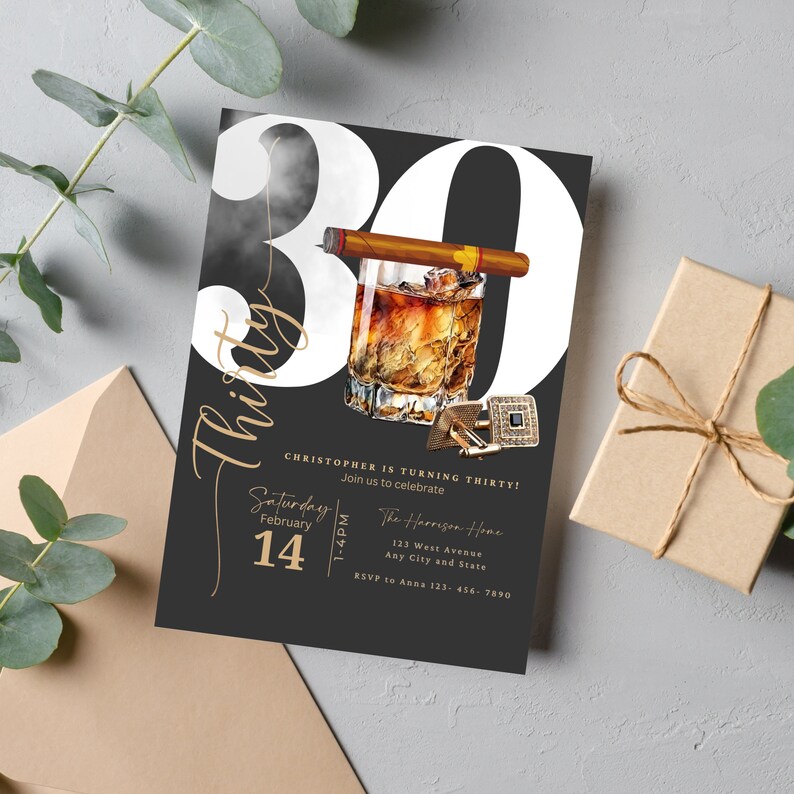 Customizable Black & Gold Whiskey and Cigars Party Invitation Template ...