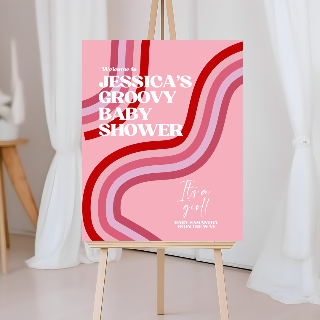 Editable Pink Retro Baby Shower Welcome Sign Template, Groovy 70's ...