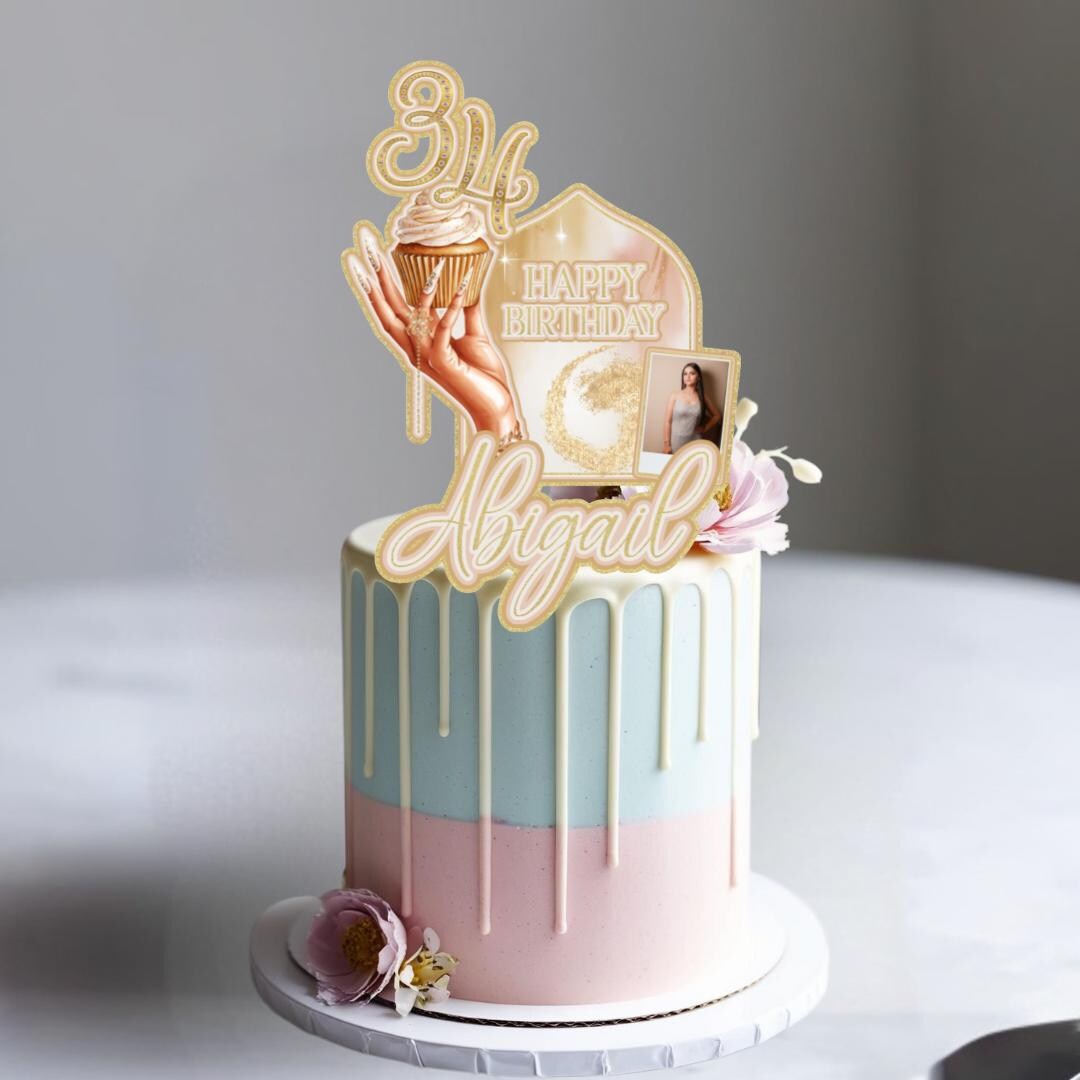 Glam 3D Birthday Cake Topper With Rhinestone Nails & Cupcake – Gold ...