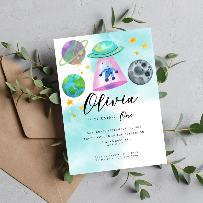 Space Alien Birthday Invitation Template Turquoise Galaxy - Etsy