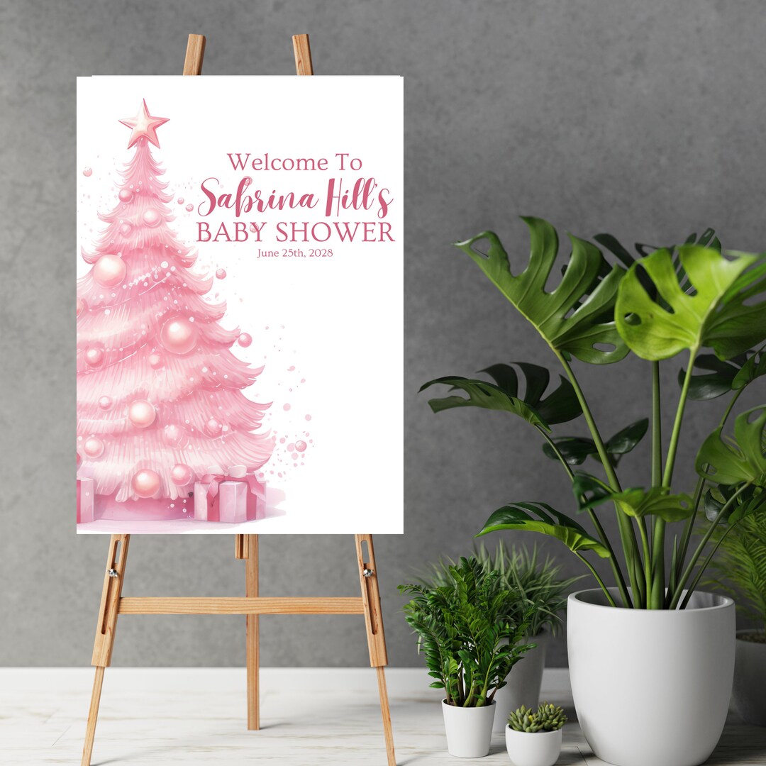 Pink Christmas Tree Baby Shower Welcome Sign, Editable Girl Banner ...