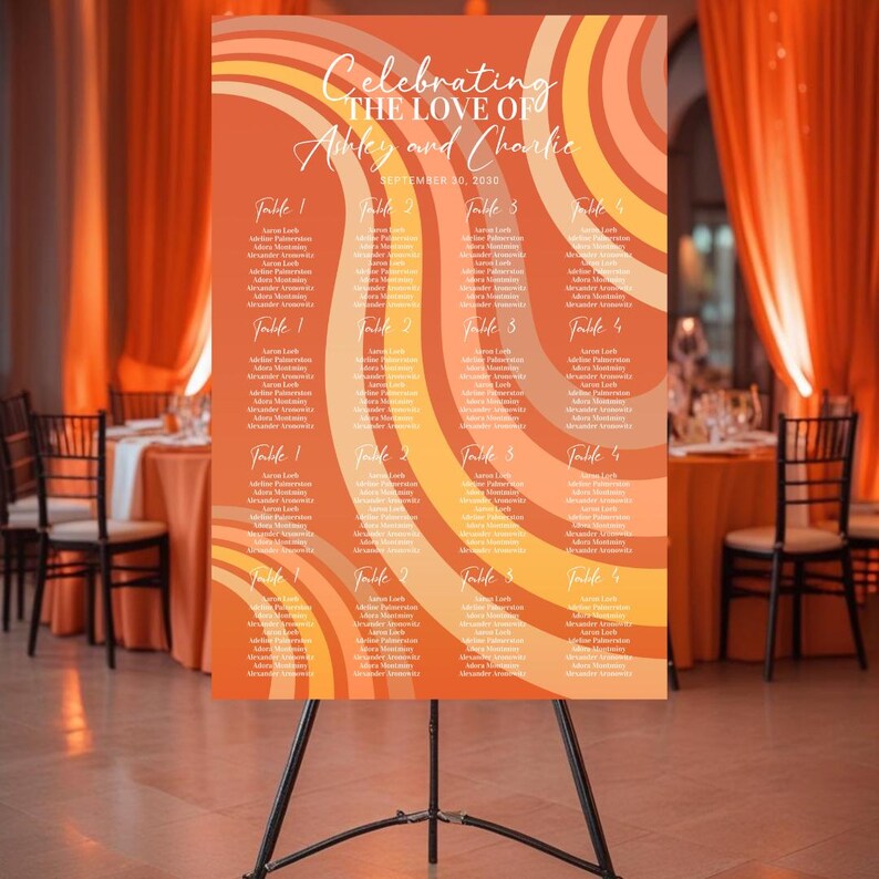 Retro 70s Burnt Orange Seating Chart | Vintage Boho Wedding Reception ...