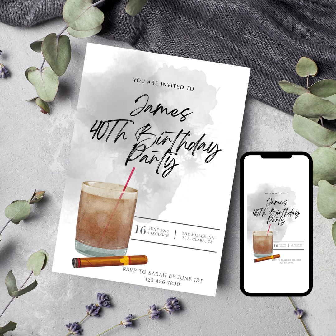Adult Whiskey And Cigar Birthday Invitation Editable Any Age Mens