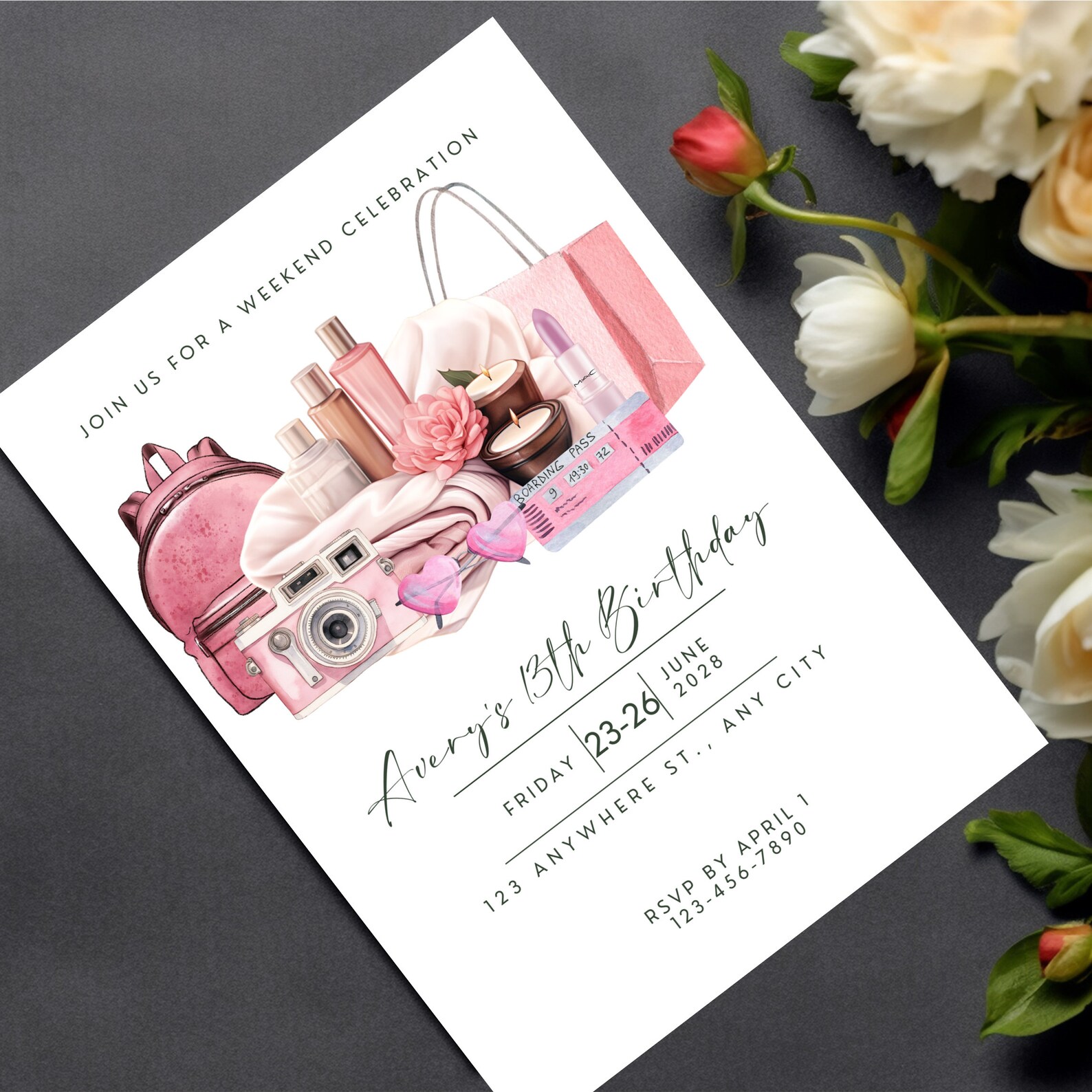 Chic Pink Birthday Weekend Invitation - Girls Getaway Itinerary, Spa ...