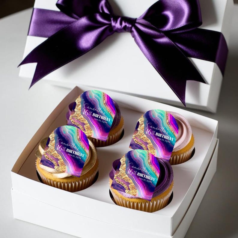 Purple Pink Geode Edible Cupcake Toppers & Cake Decorations – Birthday ...