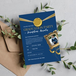 Class of 2024 Blue and Gold Graduation Party Invitation - Customizable ...