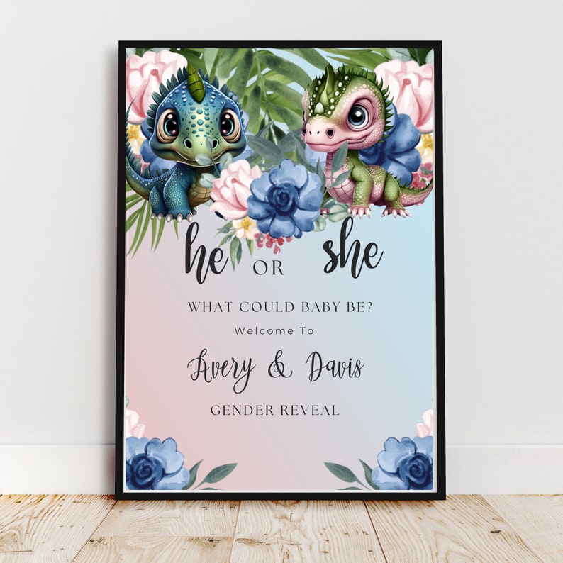 He or She Dinosaur Gender Reveal Welcome Sign Editable Blue - Etsy