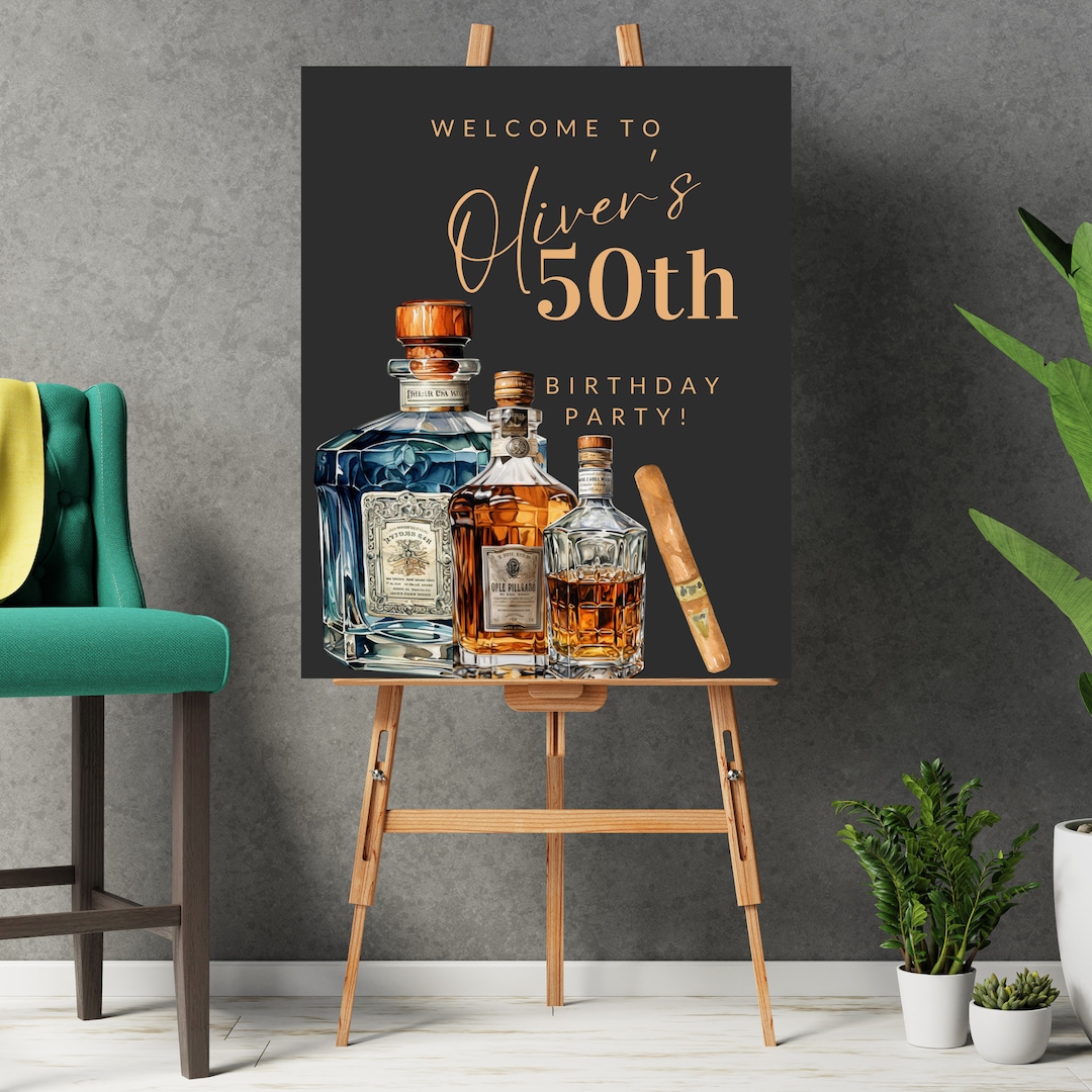 Whiskey and Cigars Welcome Sign, Editable Whiskey Party Signs, Custom ...