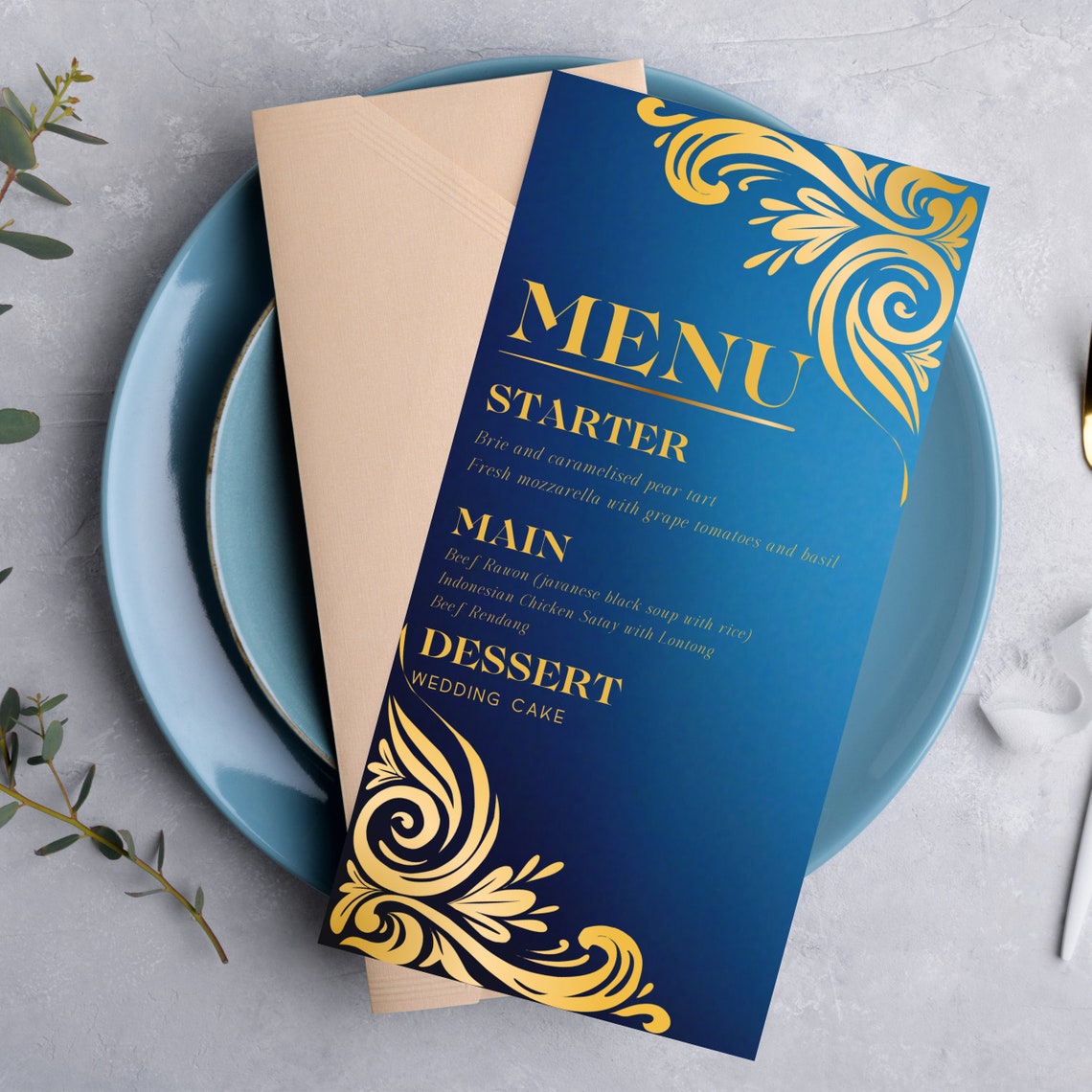 Royal Blue & Gold Wedding Menu Design | Customizable Elegant Engagement ...