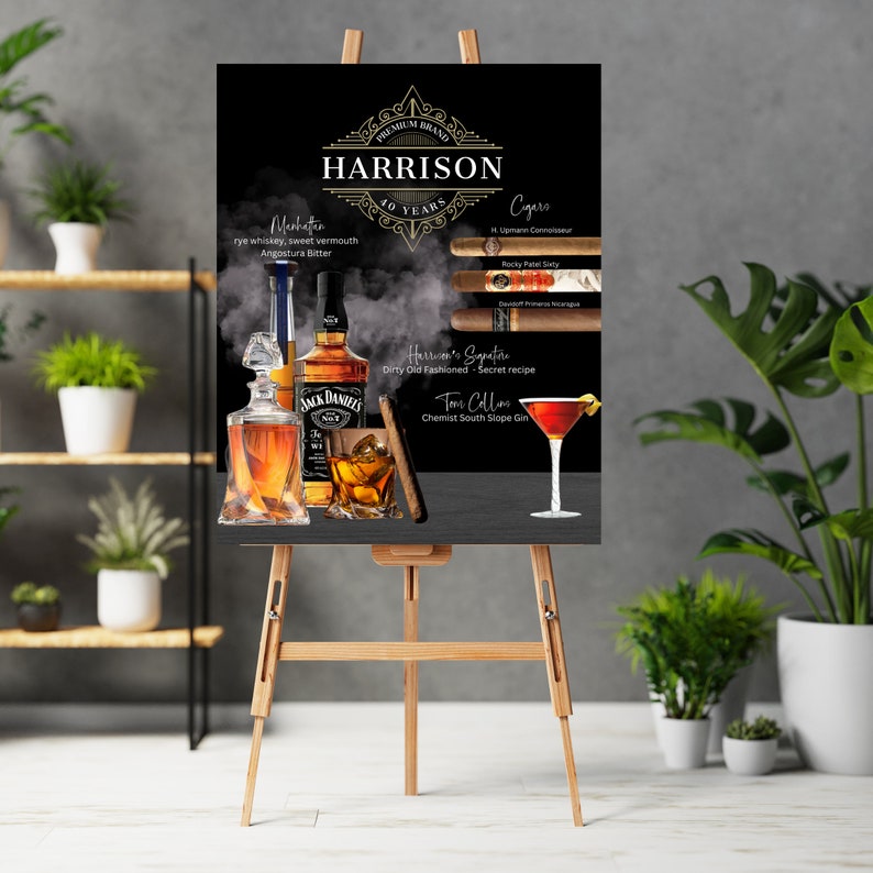 Whiskey and Cigar Birthday Bar Menu Sign, Men's Cigar Birthday Banner ...