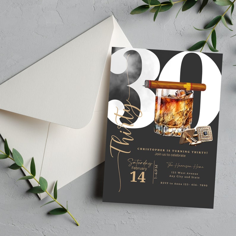 Customizable Black & Gold Whiskey and Cigars Party Invitation Template ...